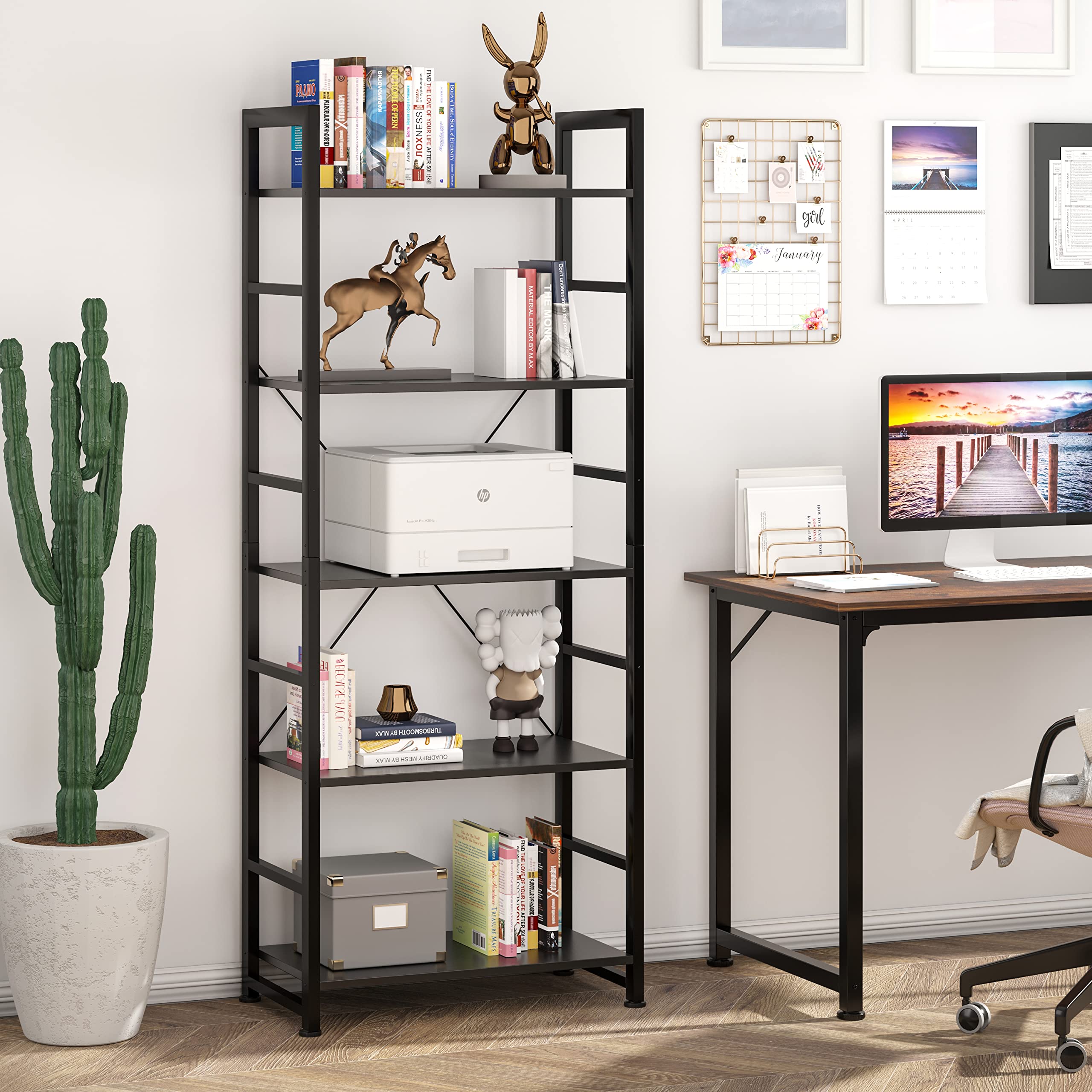 VERMESS Bookshelf Black, 5 Tier Shelving Unit Tall Book Shelf, Wood Bookcase with Open Shelves, Industrial Standing Storage Bookshelves Metal Display Rack for Living Room, Bedroom, Home, Office