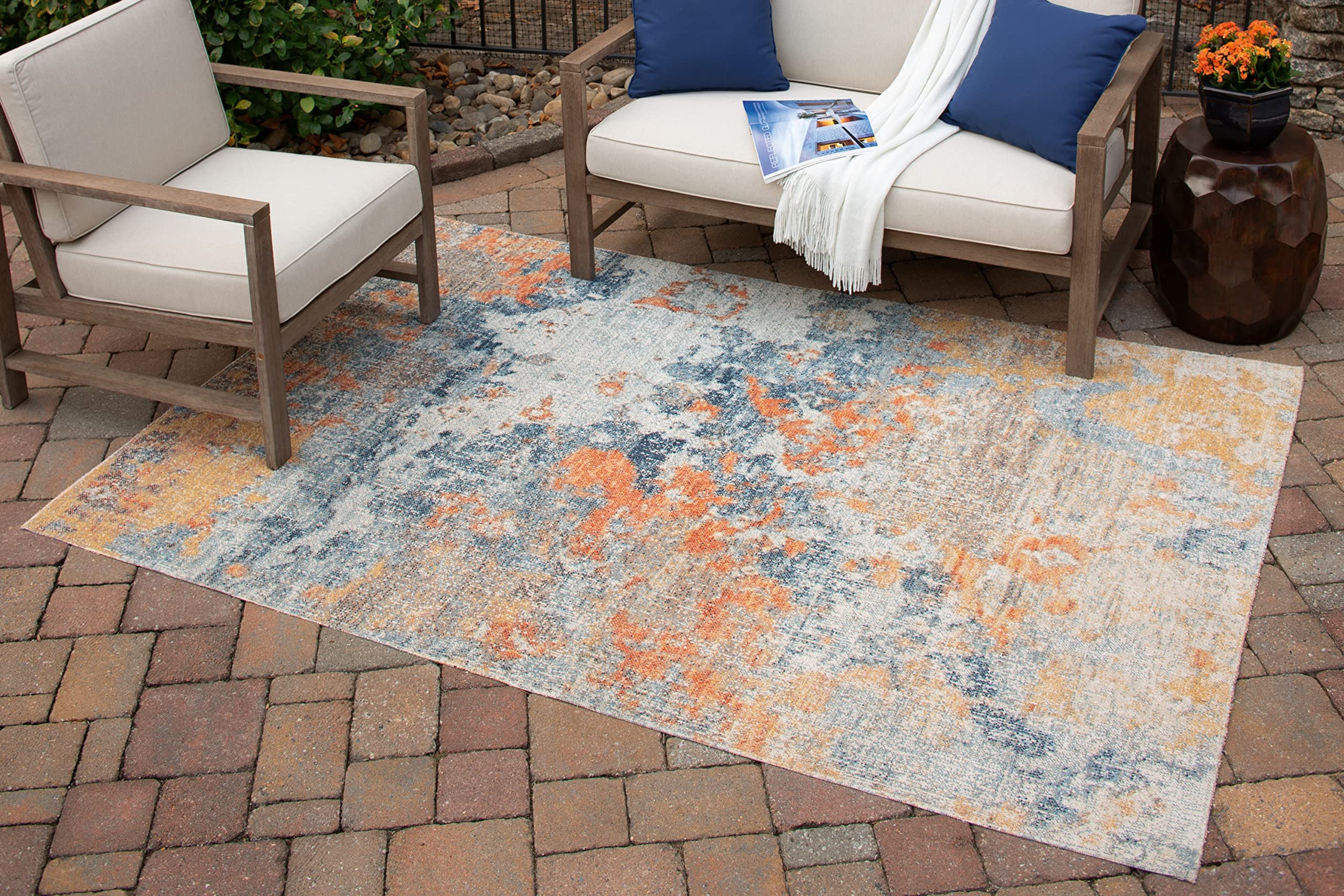 Signature Design by Ashley Wraylen 5 x 7 Low Pile Boho Abstract Rug, Orange & Blue