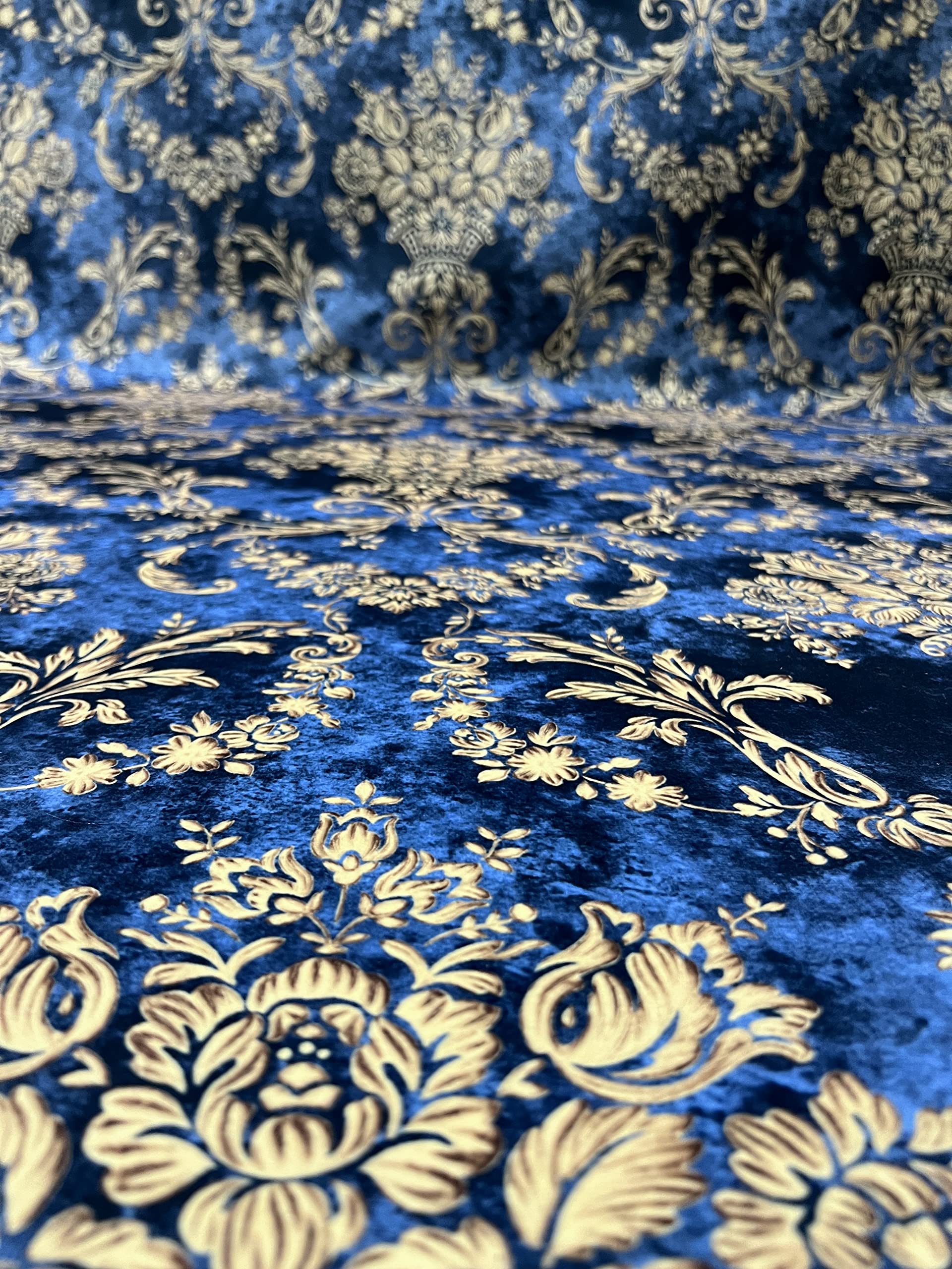 Decora Furnishings Damask Design Digitally Printed Velvet Finish Fabric for Upholstery, Chairs, Cushions, Window Treatments Crafts Rennaisance Rococo Victorian Style 54" Width By the Yard (Royal Blue)