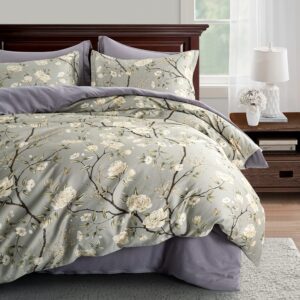 get bed ready vintage botanical bedding garden camellia flower print 400tc cotton sateen french country style duvet cover set (king, agate grey)