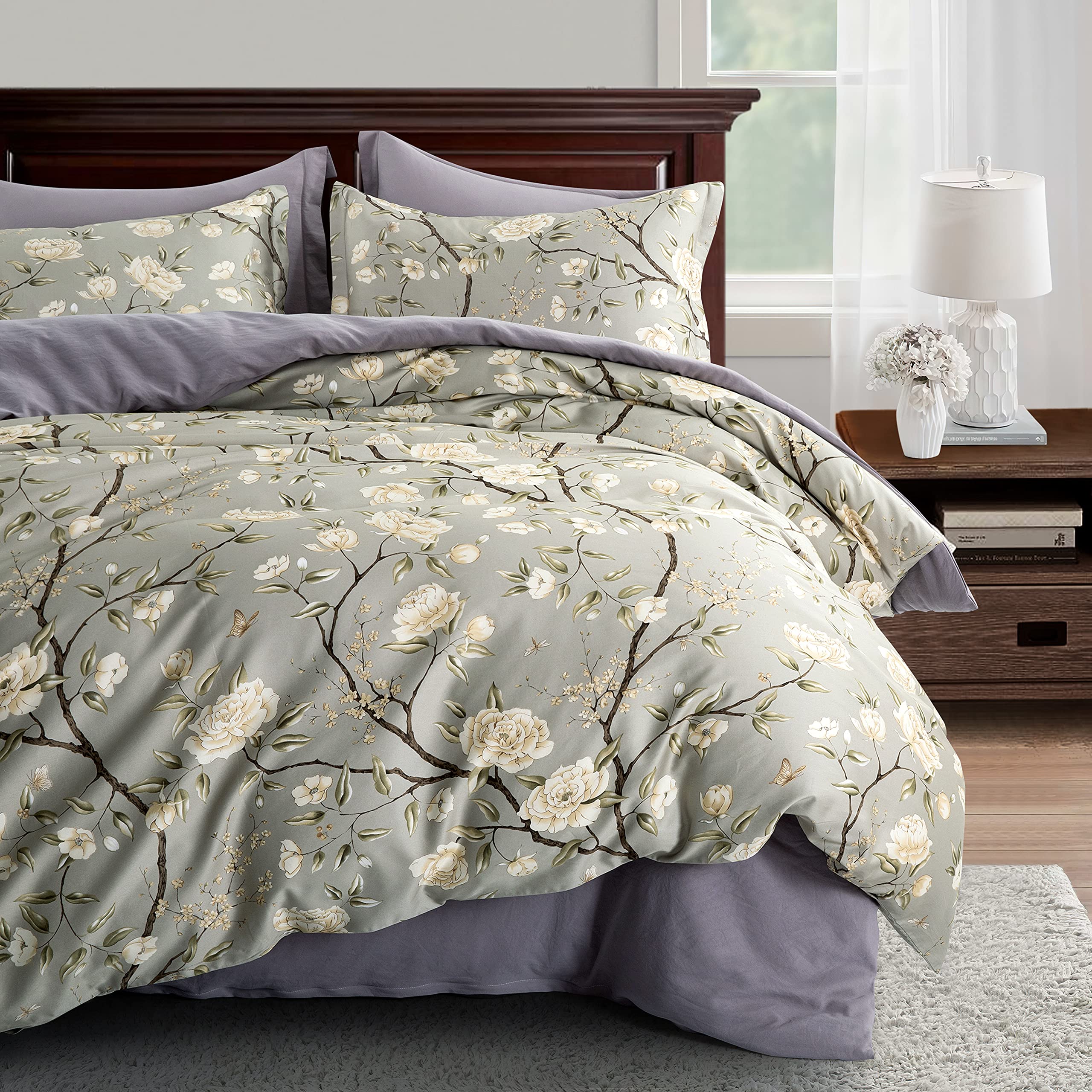 Get Bed Ready Vintage Botanical Bedding Garden Camellia Flower Print 400tc Cotton Sateen French Country Style Duvet Cover Set (King, Agate Grey)