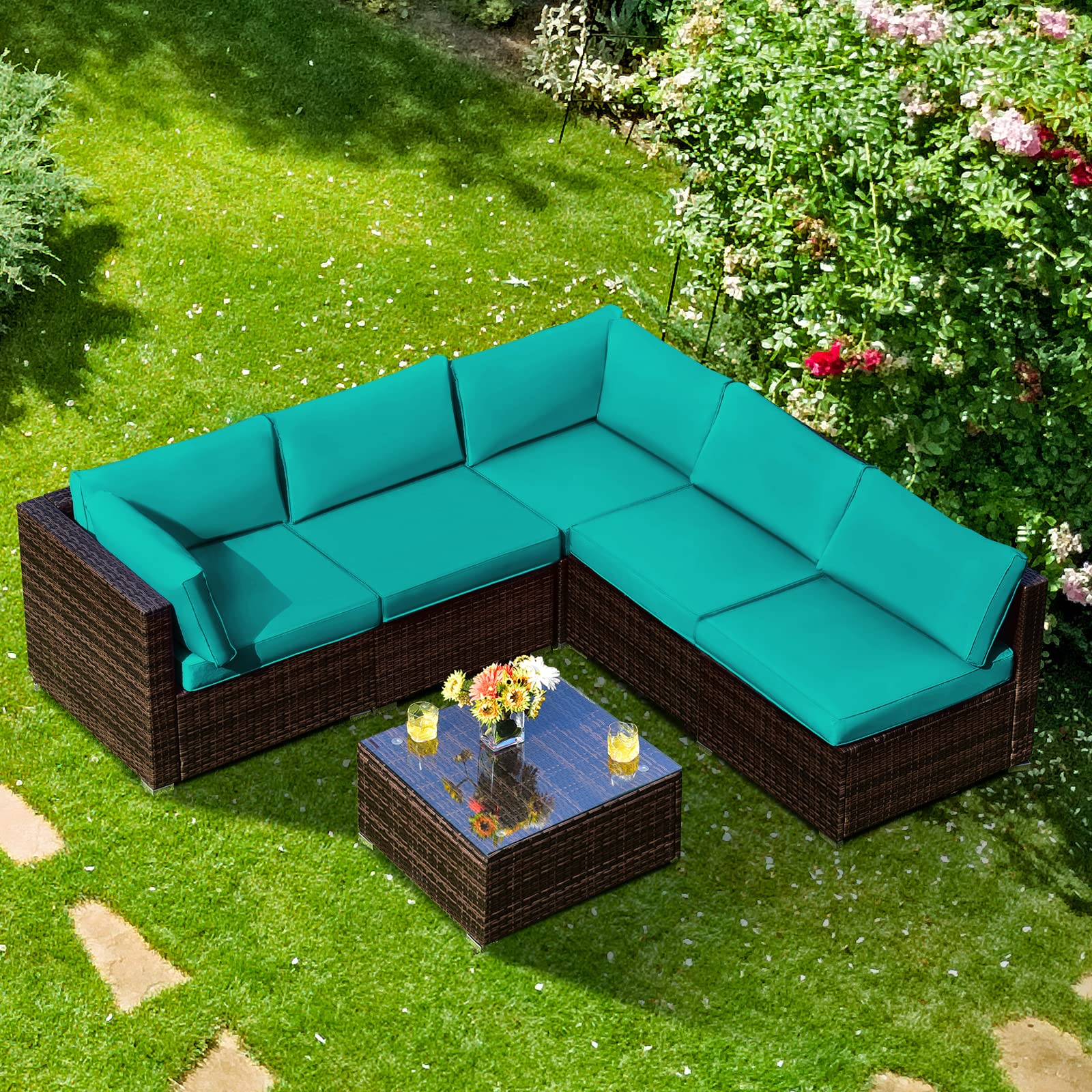 Tangkula 6 Pieces Patio Furniture Set, Outdoor Wicker Conversation Set with Glass Coffee Table, Wicker Sofa Set with Back & Seat Cushions, Rattan Sectional Conversation Set for Backyard Garden