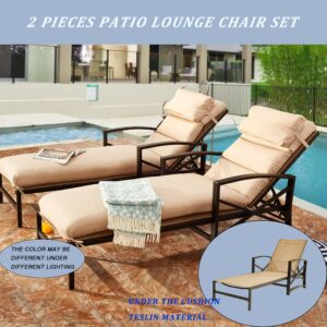 LOKATSE HOME 2 Piece Patio Chaise Lounge Chair Outdoor Furniture Set All Weather Metal Adjustable Backrest and Armchair with Removable Comfy Cushions, Khaki