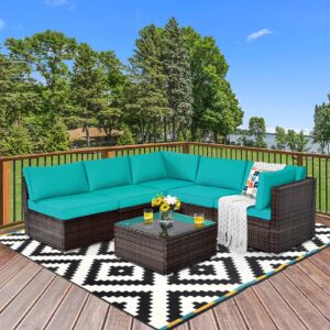 Tangkula 6 Pieces Patio Furniture Set, Outdoor Wicker Conversation Set with Glass Coffee Table, Wicker Sofa Set with Back & Seat Cushions, Rattan Sectional Conversation Set for Backyard Garden