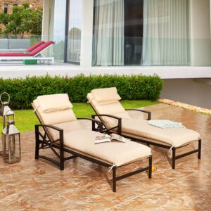 LOKATSE HOME 2 Piece Patio Chaise Lounge Chair Outdoor Furniture Set All Weather Metal Adjustable Backrest and Armchair with Removable Comfy Cushions, Khaki