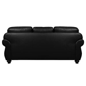 Sunset Trading Charleston 86" Wide Top Grain Leather Black 3 Seater Rolled Arm Couch with Nailheads Sofa, Classic Stationary