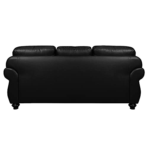 Sunset Trading Charleston 86" Wide Top Grain Leather Black 3 Seater Rolled Arm Couch with Nailheads Sofa, Classic Stationary