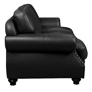 Sunset Trading Charleston 86" Wide Top Grain Leather Black 3 Seater Rolled Arm Couch with Nailheads Sofa, Classic Stationary