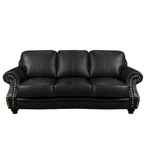 Sunset Trading Charleston 86" Wide Top Grain Leather Black 3 Seater Rolled Arm Couch with Nailheads Sofa, Classic Stationary