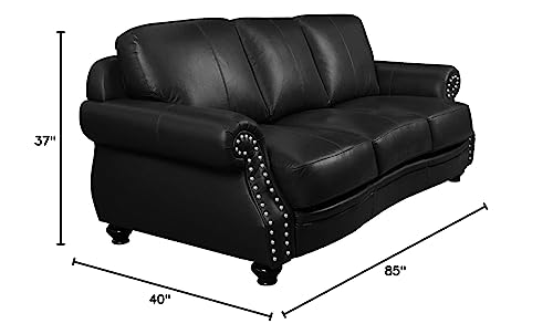 Sunset Trading Charleston 86" Wide Top Grain Leather Black 3 Seater Rolled Arm Couch with Nailheads Sofa, Classic Stationary