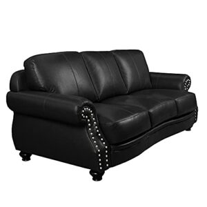 sunset trading charleston 86" wide top grain leather black 3 seater rolled arm couch with nailheads sofa, classic stationary