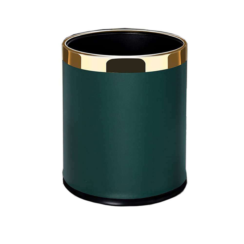 Luxury Metal Waste Bin 10L, Double Layer Trash Can PU Leather Covered Round Wastebasket Dust Bins for Kitchen Bathroom Hotel Office (MOLADI Green)