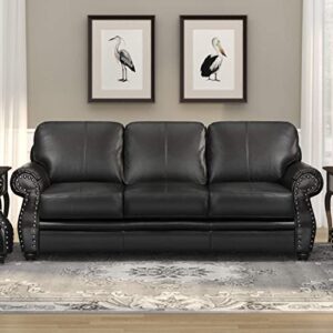 Sunset Trading Charleston 86" Wide Top Grain Leather Black 3 Seater Rolled Arm Couch with Nailheads Sofa, Classic Stationary