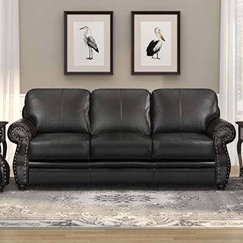 Sunset Trading Charleston 86" Wide Top Grain Leather Black 3 Seater Rolled Arm Couch with Nailheads Sofa, Classic Stationary