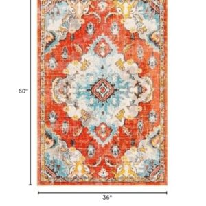 Safavieh Madison Collection 3' x 5' OrangeLight Blue MAD484P Boho Chic Medallion Distressed Non-Shedding Living Room Bedroom Entryway Accent Rug