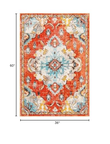 Safavieh Madison Collection 3' x 5' OrangeLight Blue MAD484P Boho Chic Medallion Distressed Non-Shedding Living Room Bedroom Entryway Accent Rug