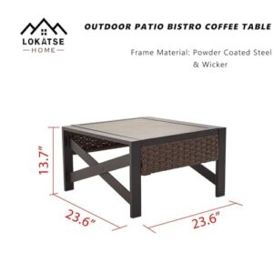 LOKATSE HOME Outdoor Metal Coffee Table Patio Square Side End Wicker Rattan Furniture with X Shaped Steel Legs, Brown&Black