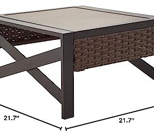 LOKATSE HOME Outdoor Metal Coffee Table Patio Square Side End Wicker Rattan Furniture with X Shaped Steel Legs, Brown&Black