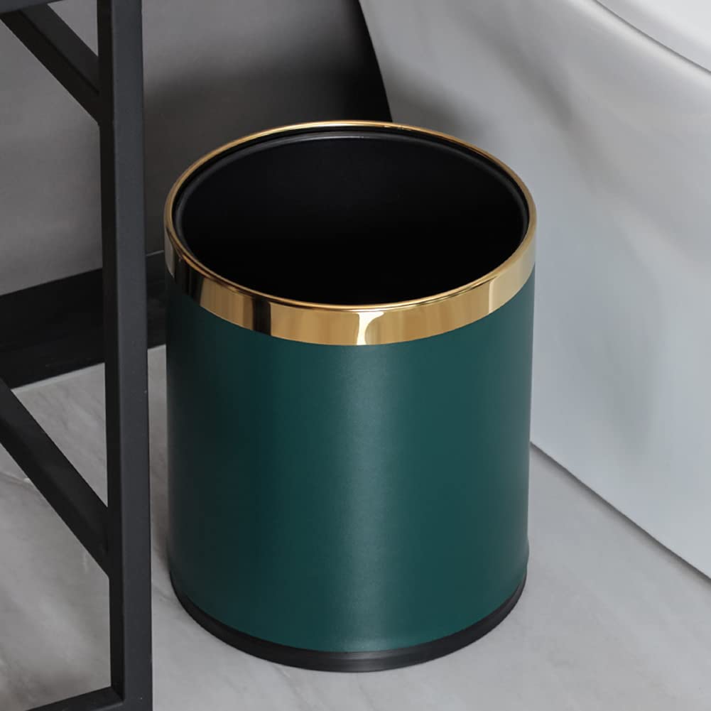 Luxury Metal Waste Bin 10L, Double Layer Trash Can PU Leather Covered Round Wastebasket Dust Bins for Kitchen Bathroom Hotel Office (MOLADI Green)