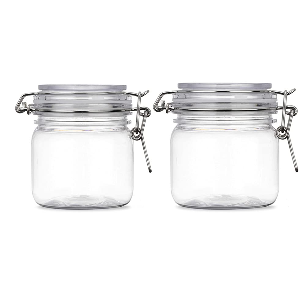 2 Pcs 10 Oz/300ml PET Plastic Storage Jars with Airtight Hinged Lids,Durable Clear Wide Mouth canning Jars for Food Storage Oats Canning Cereal Pasta Sugar Coffee Nuts Spices