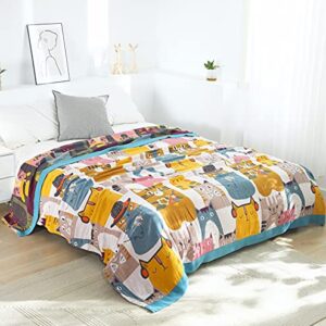 MEJU Cat Kitty Kids Girls Cute Blanket Throw for Bed Sofa Couch,100% Combed Cotton 4 Layer Soft Warm Quilt Throw Blanket Cartoon Bed Coverlet Twin 60" X 80"