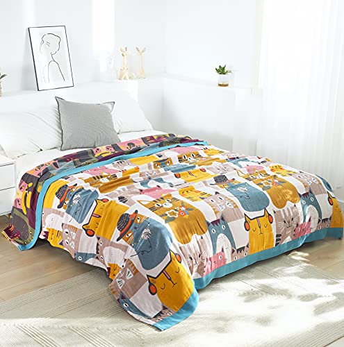 MEJU Cat Kitty Kids Girls Cute Blanket Throw for Bed Sofa Couch,100% Combed Cotton 4 Layer Soft Warm Quilt Throw Blanket Cartoon Bed Coverlet Twin 60" X 80"