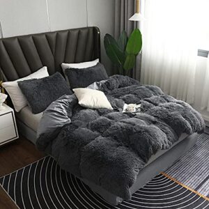 plushii 3 piece fluffy comforter set queen, luxury super soft with zipper closure, truly velvet duvet cover queen with 1 faux fur comforter cover & 2 faux fur pillow shams, dark grey