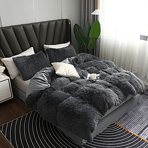 Plushii 3 Piece Fluffy Comforter Set Queen, Luxury Super Soft with Zipper Closure, Truly Velvet Duvet Cover Queen with 1 Faux Fur Comforter Cover & 2 Faux Fur Pillow Shams, Dark Grey