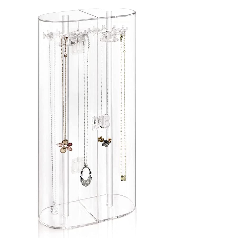 Spinning Tubular Acrylic Jewelry Storage Holder, Rotating Organizer - 24 Hooks for Dressing Table, Cosmetic Stations, Dresser, Bathroom Vanity Countertop - Holds Necklaces, Bracelets Clear