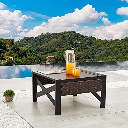 LOKATSE HOME Outdoor Metal Coffee Table Patio Square Side End Wicker Rattan Furniture with X Shaped Steel Legs, Brown&Black