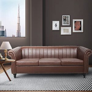 oncin chesterfield sofa for living room, 3 seater sofa couch faux leather fabric home seating couch sofa for home furniture (dark brown)