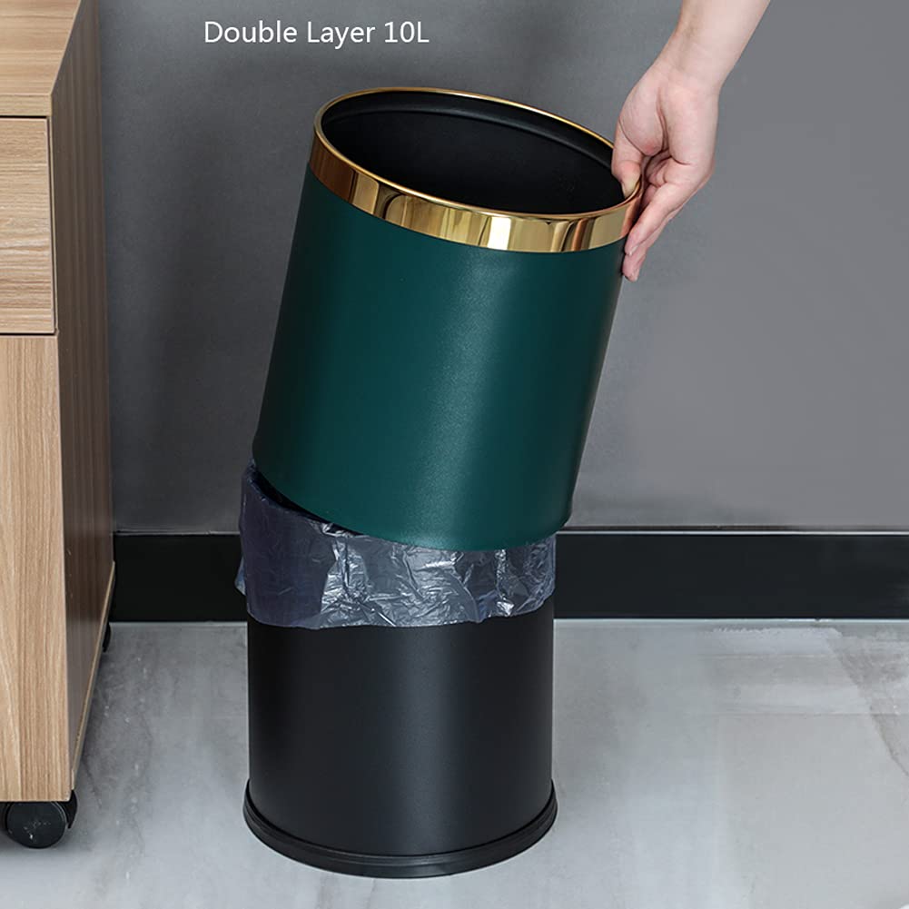 Luxury Metal Waste Bin 10L, Double Layer Trash Can PU Leather Covered Round Wastebasket Dust Bins for Kitchen Bathroom Hotel Office (MOLADI Green)