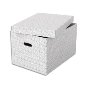 Esselte Large Storage Box With Lid, Pack Of 3, Home/Office Storage & Organisation, 100% Recycled Cardboard, 100% Recyclable, Geometric Design, White, 628286