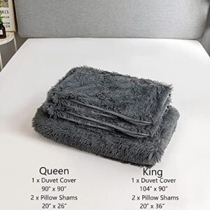 Plushii 3 Piece Fluffy Comforter Set Queen, Luxury Super Soft with Zipper Closure, Truly Velvet Duvet Cover Queen with 1 Faux Fur Comforter Cover & 2 Faux Fur Pillow Shams, Dark Grey