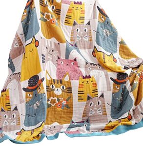 meju cat kitty kids girls cute blanket throw for bed sofa couch,100% combed cotton 4 layer soft warm quilt throw blanket cartoon bed coverlet twin 60" x 80"