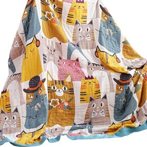 MEJU Cat Kitty Kids Girls Cute Blanket Throw for Bed Sofa Couch,100% Combed Cotton 4 Layer Soft Warm Quilt Throw Blanket Cartoon Bed Coverlet Twin 60" X 80"