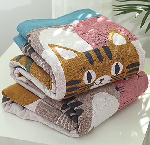 MEJU Cat Kitty Kids Girls Cute Blanket Throw for Bed Sofa Couch,100% Combed Cotton 4 Layer Soft Warm Quilt Throw Blanket Cartoon Bed Coverlet Twin 60" X 80"