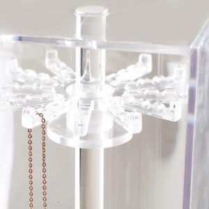 Spinning Tubular Acrylic Jewelry Storage Holder, Rotating Organizer - 24 Hooks for Dressing Table, Cosmetic Stations, Dresser, Bathroom Vanity Countertop - Holds Necklaces, Bracelets Clear