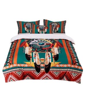 purefair colorful dream catcher duvet cover set queen, boho bohemian style 3d feathers diamond bedding mandala native american ethnic tribal 3pcs soft lightweight quilt cover set(no comforter)