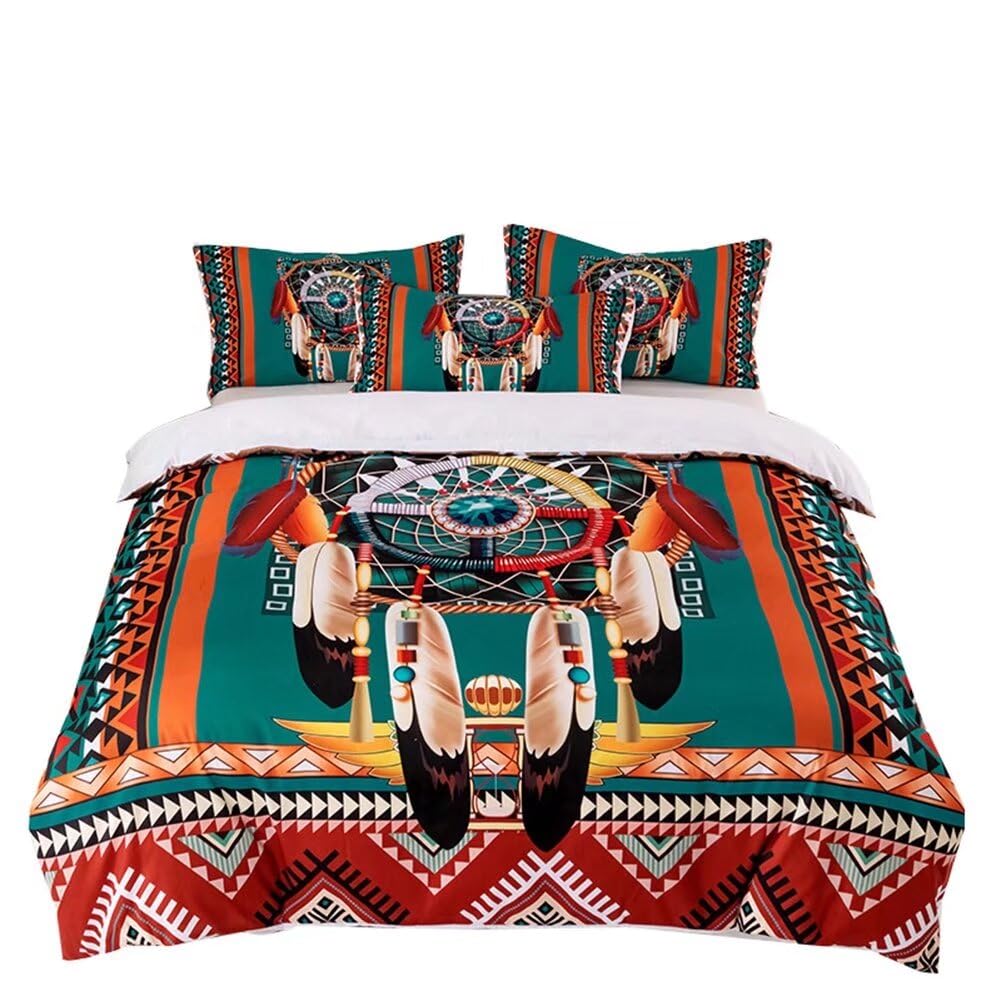 Purefair Colorful Dream Catcher Duvet Cover Set Queen, Boho Bohemian Style 3D Feathers Diamond Bedding Mandala Native American Ethnic Tribal 3PCS Soft Lightweight Quilt Cover Set(No Comforter)