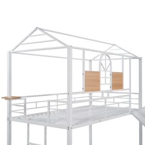 Twin Over Twin Metal Bunk Bed with Slide and Integrated Ladder, Housebed Bunk Bed for Kids Toddlers, Can be Decorated with Mosquito nets (White with White Slide)