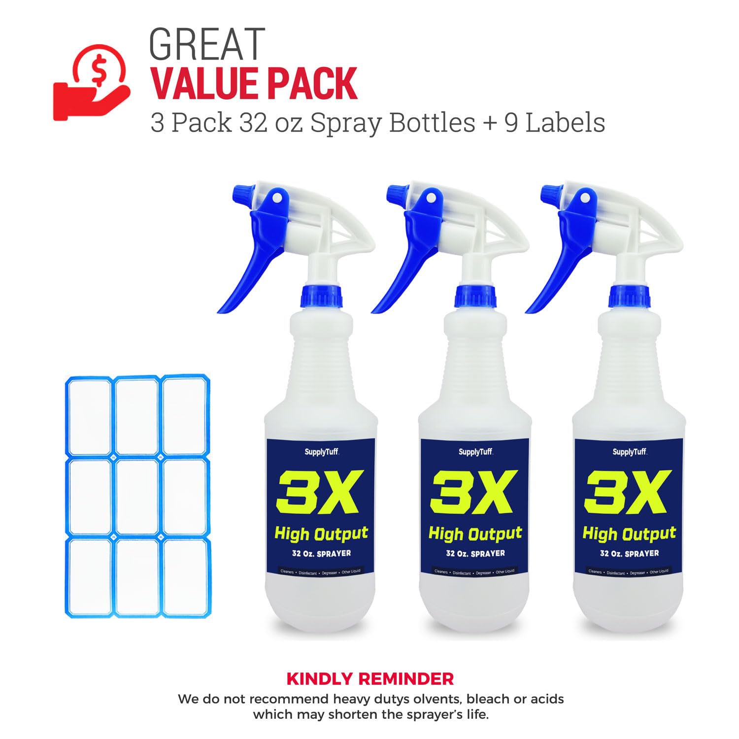 SupplyTuff 3X High Output Heavy Duty Spray Bottles for Cleaning Solutions, 3 Pack, 32 oz Professional Industrial Spray Bottles for Commercial, Household Cleaning and Car Detailing.