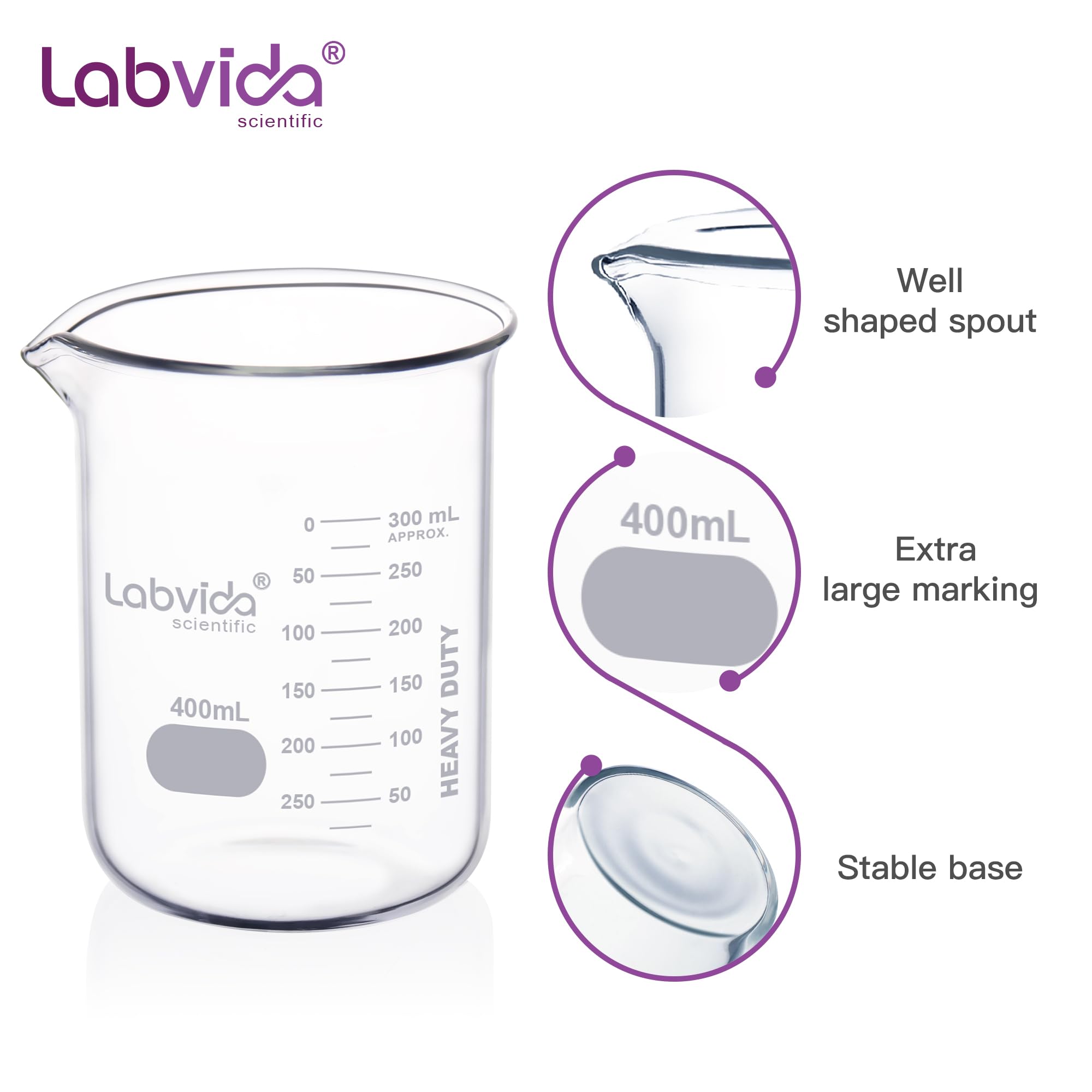 Labvida 6pcs 400ml Upgrated Thick Glass Beakers, Griffin Low Form Beaker Set with Double Scale,3.3 Boro, LVA029