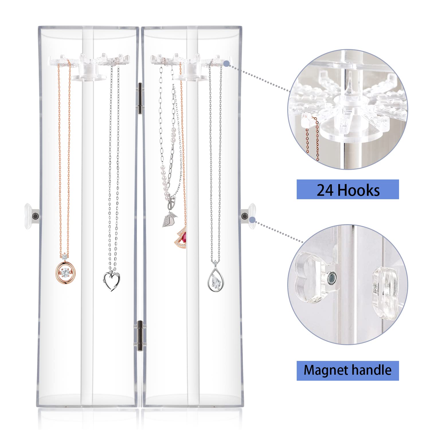 Spinning Tubular Acrylic Jewelry Storage Holder, Rotating Organizer - 24 Hooks for Dressing Table, Cosmetic Stations, Dresser, Bathroom Vanity Countertop - Holds Necklaces, Bracelets Clear