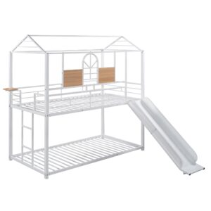 Twin Over Twin Metal Bunk Bed with Slide and Integrated Ladder, Housebed Bunk Bed for Kids Toddlers, Can be Decorated with Mosquito nets (White with White Slide)