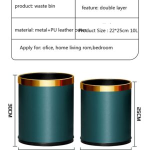 Luxury Metal Waste Bin 10L, Double Layer Trash Can PU Leather Covered Round Wastebasket Dust Bins for Kitchen Bathroom Hotel Office (MOLADI Green)