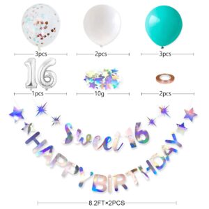 Iridescent Sweet 16 Happy Birthday Banner Garland for Sweet 16 Decorations Hanging Sweet 16 Signs for Girls 16th Birthday Party Decor 16th Happy Birthday Party Sign for Sweet Sixteen Party Supplies