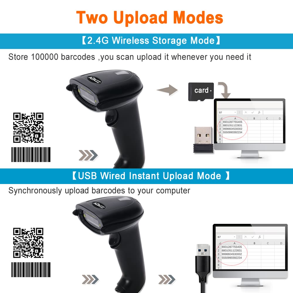 Barcode Scanner Wireless QR Code Scanner Support Screen 1D 2D Scan,ADXZZ Handheld Wired Rechargeable Portable Long Range Transmission Bar code Scanners Cordless Barcode Reader for Mobile Payment Store