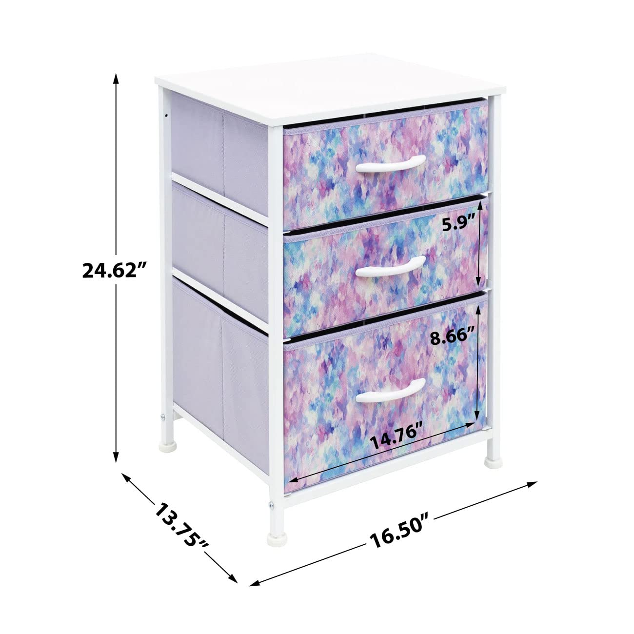 Sorbus Nightstand Storage Organizer with 3 Drawers - Kids Girls, Boys Bedroom Furniture Storage Chest for Clothes, Closet Organization - Steel Frame, Wood Top, Tie-dye Fabric Bin (Blue/Pink/Purple)