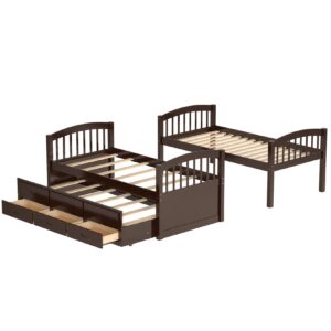 Harper & Bright Designs Twin Over Twin Bunk Bed with Trundle and Storage Drawers Wood Bunk Beds Frame for Kids Girls Boys Teens, Espresso